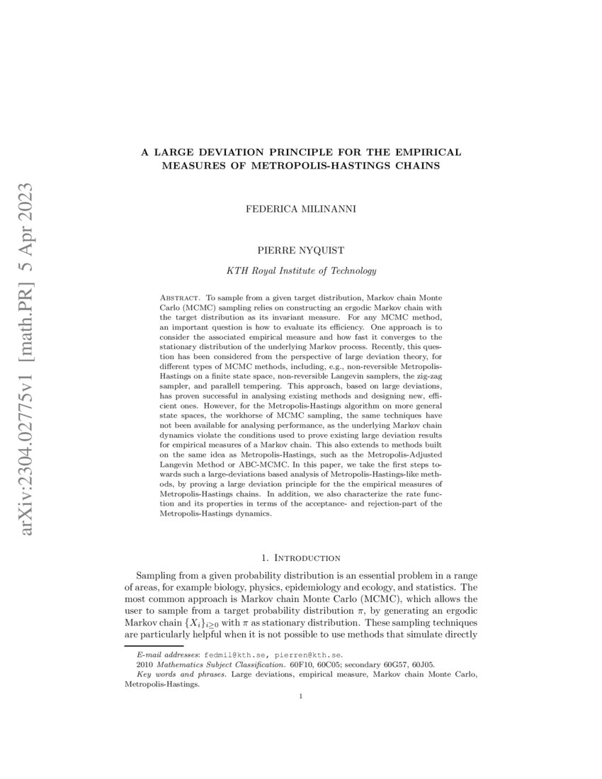 A Large Deviation Principle For The Empirical Measures Of Metropolis Hastings Chains Deepai