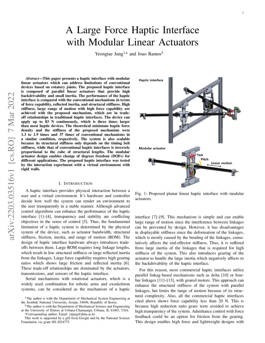 A Large Force Haptic Interface With Modular Linear Actuators Deepai