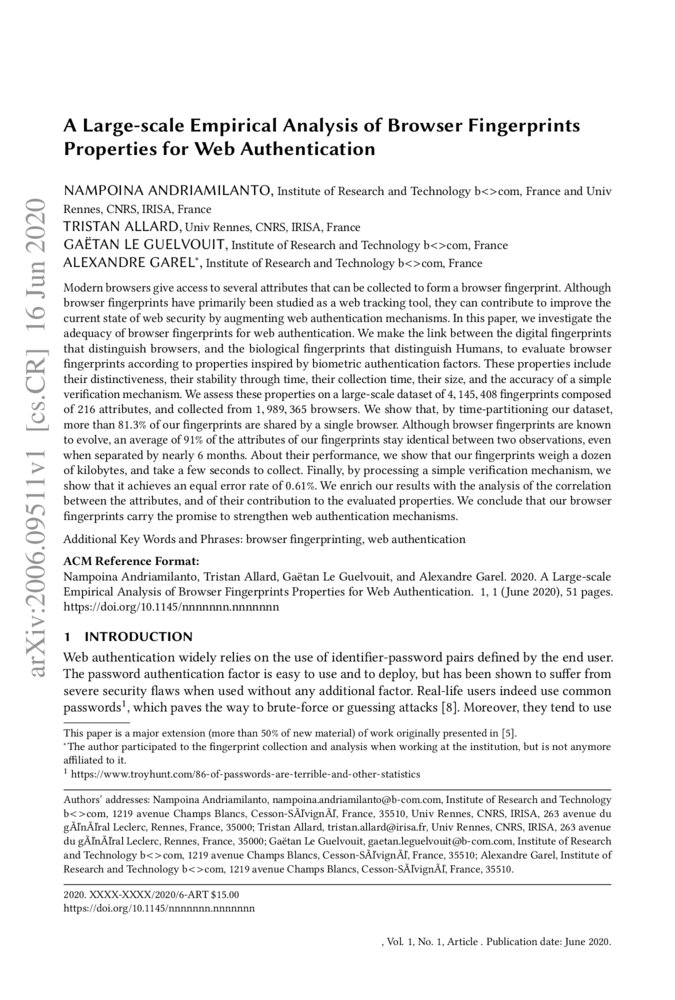 A Large Scale Empirical Analysis Of Browser Fingerprints Properties For Web Authentication Deepai