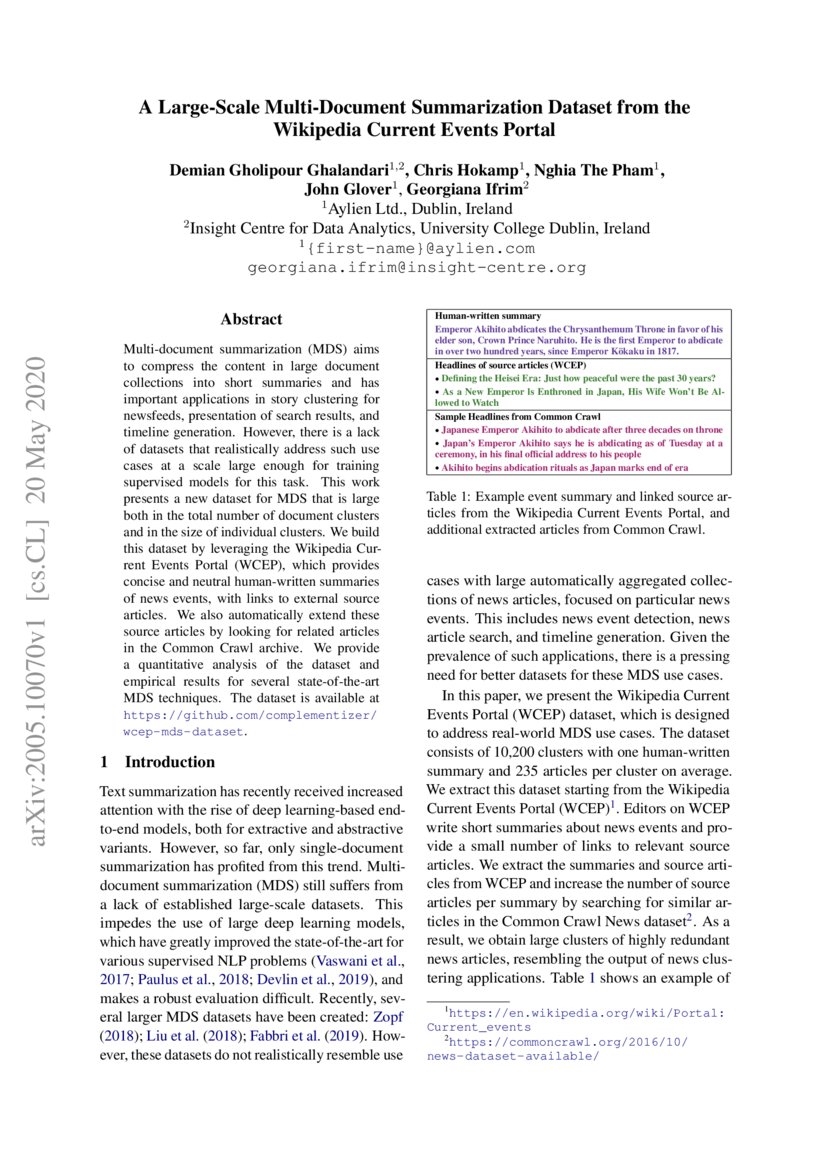 A Large Scale Multi Document Summarization Dataset From The Wikipedia Current Events Portal Deepai 