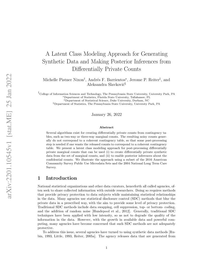 A Latent Class Modeling Approach for Generating Synthetic Data and ...