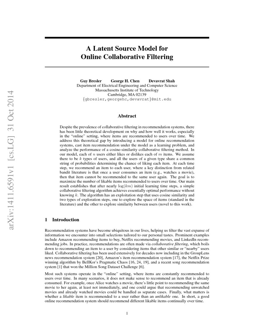 A Latent Source Model For Online Collaborative Filtering Deepai