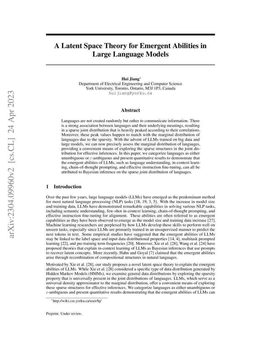 A Latent Space Theory For Emergent Abilities In Large Language Models