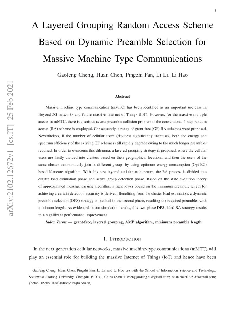 A Layered Grouping Random Access Scheme Based On Dynamic Preamble Selection For Massive Machine