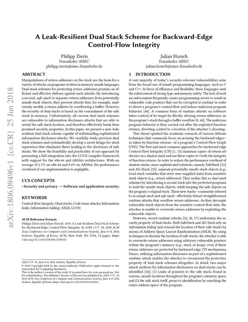 A Leak-Resilient Dual Stack Scheme for Backward-Edge Control-Flow Integrity | DeepAI