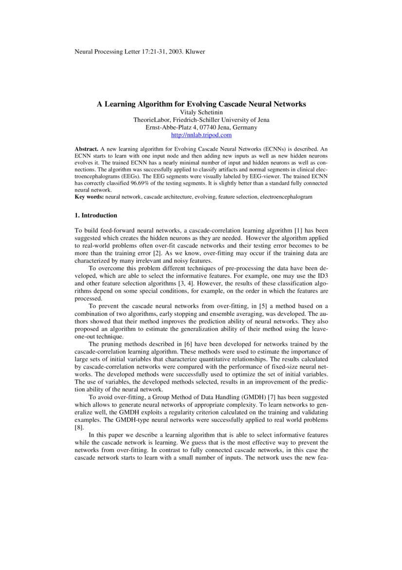 A Learning Algorithm For Evolving Cascade Neural Networks Deepai