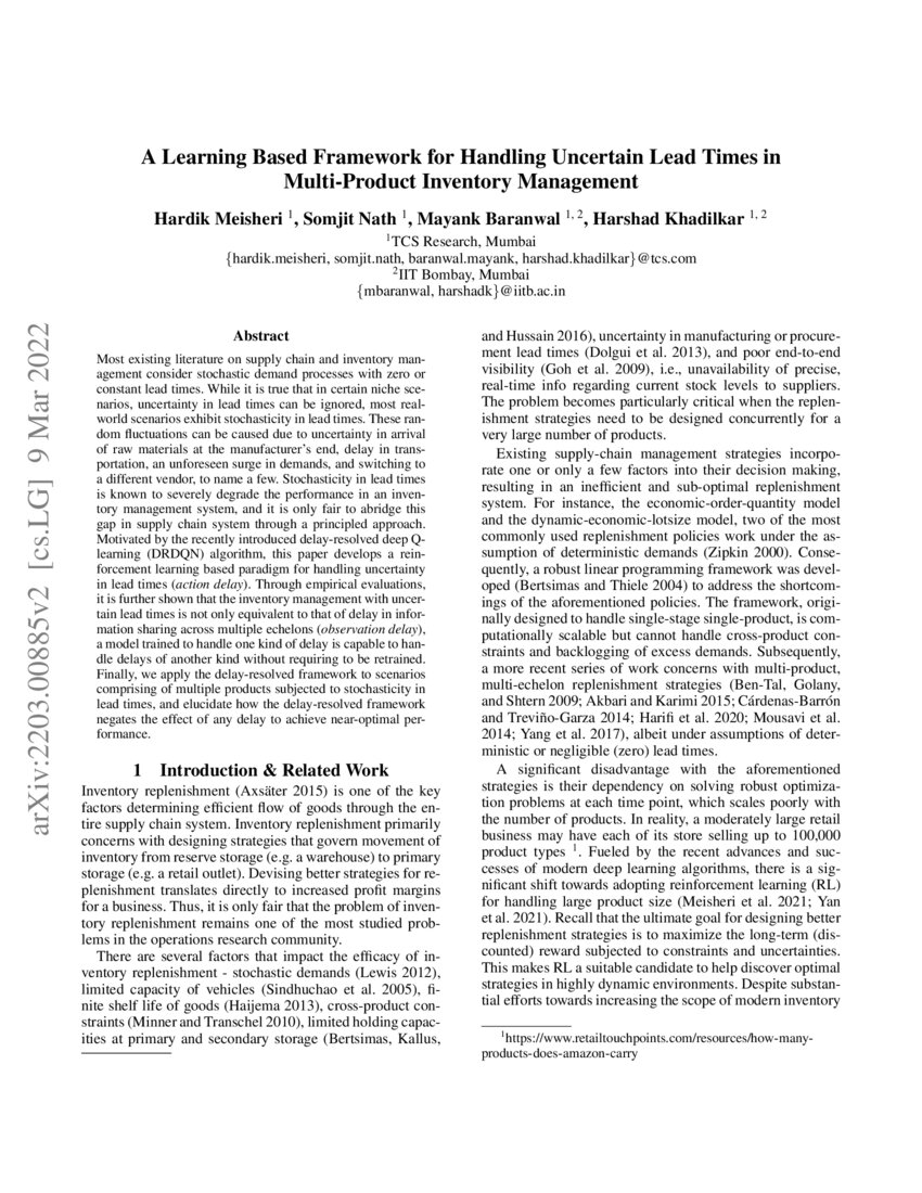 A Learning Based Framework for Handling Uncertain Lead Times in Multi-Product Inventory ...
