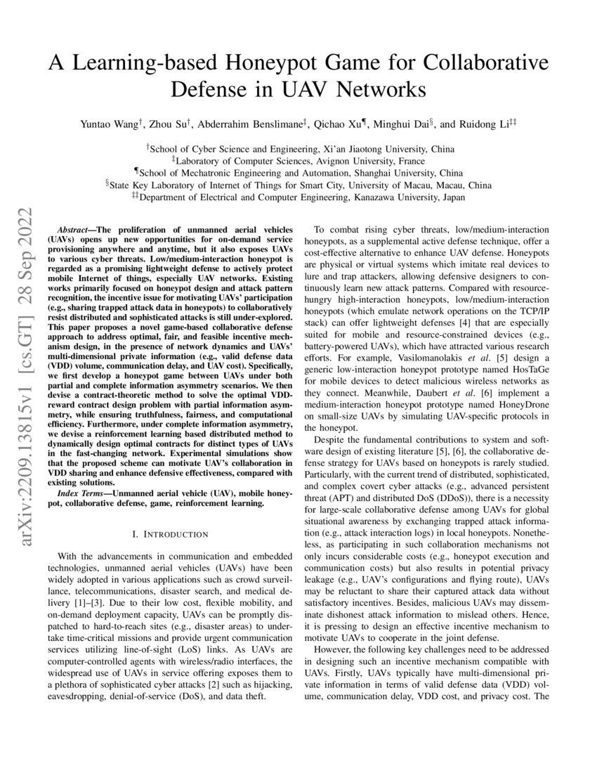 A Learning-based Honeypot Game for Collaborative Defense in UAV Networks | DeepAI