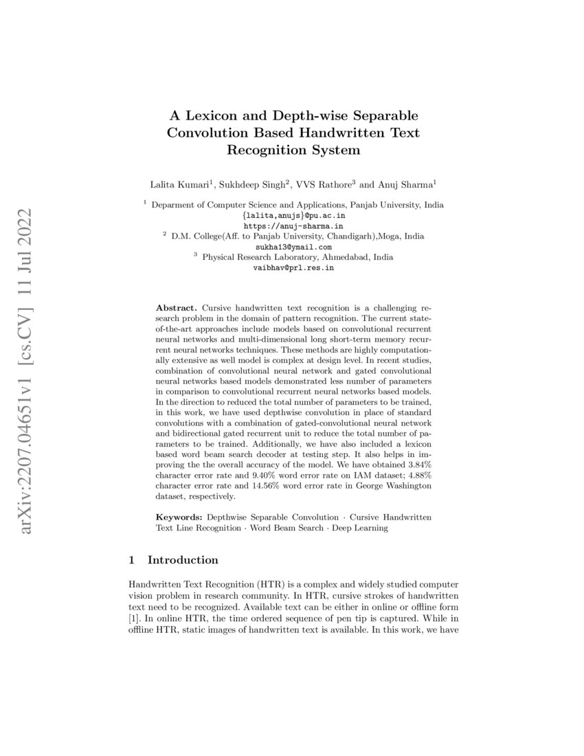 A Lexicon And Depth Wise Separable Convolution Based Handwritten Text