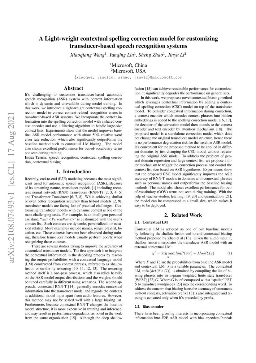 A Light Weight Contextual Spelling Correction Model For Customizing