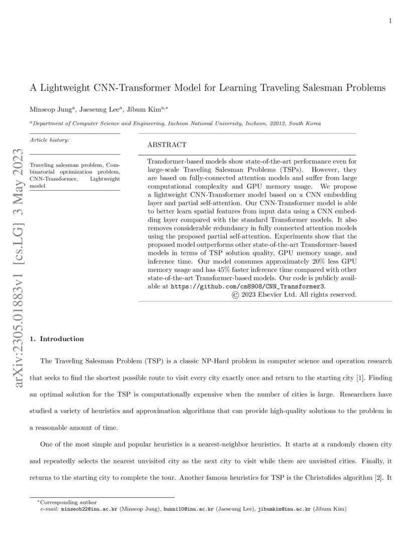 A Lightweight Cnn Transformer Model For Learning Traveling Salesman Problems Deepai
