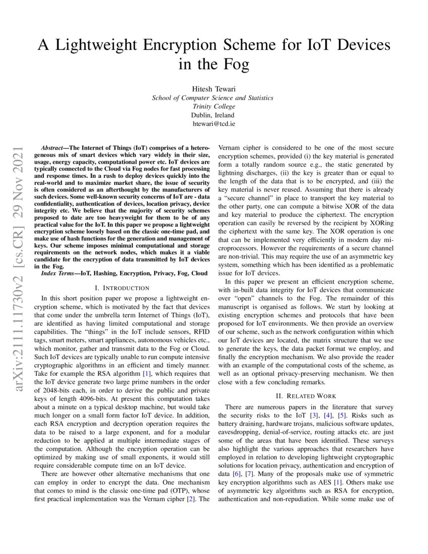 A Lightweight Encryption Scheme for IoT Devices in the Fog | DeepAI