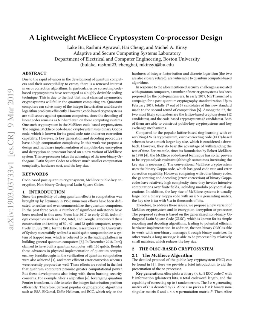 A Lightweight McEliece Cryptosystem Co-processor Design | DeepAI