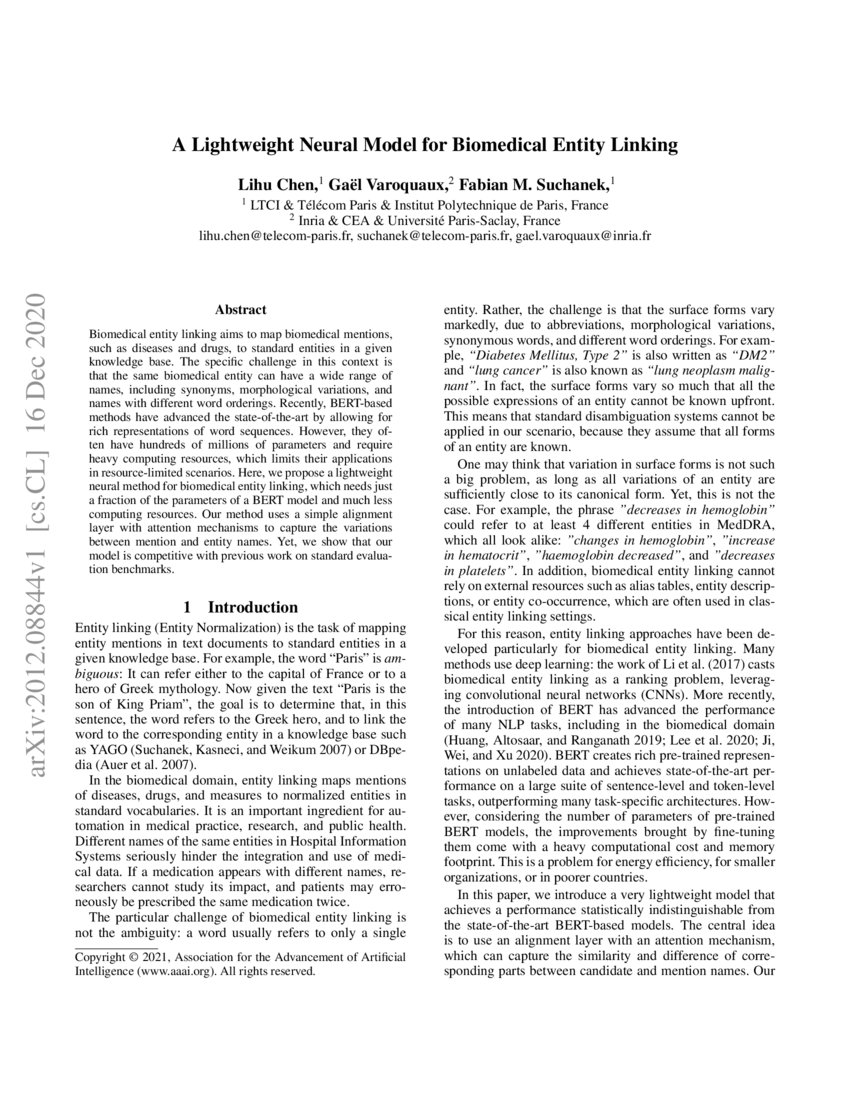 A Lightweight Neural Model for Biomedical Entity Linking | DeepAI