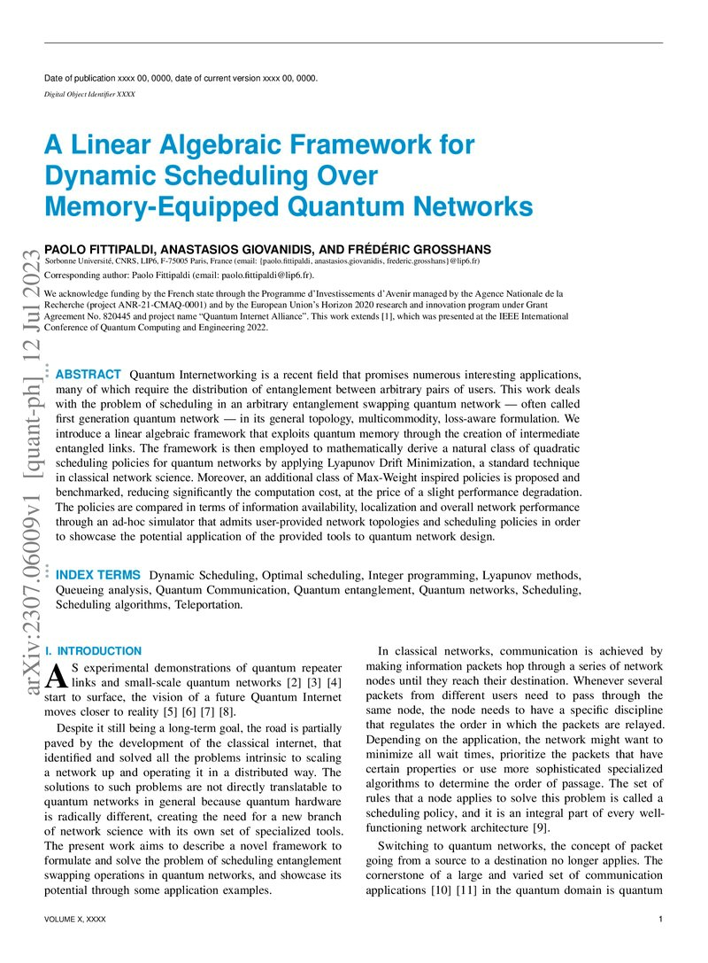 A Linear Algebraic Framework For Dynamic Scheduling Over Memory Equipped Quantum Networks Deepai