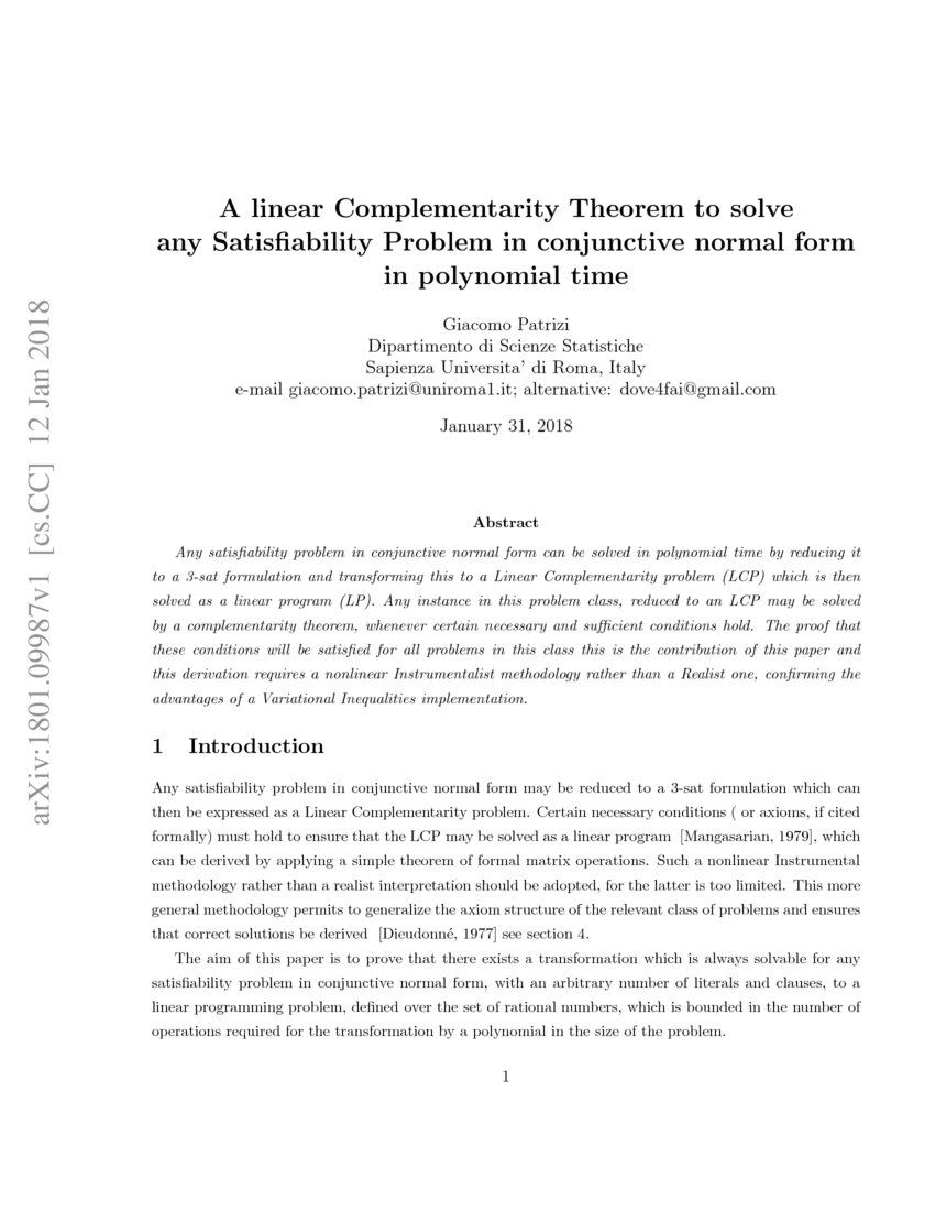 A Linear Complementarity Theorem To Solve Any Satisfiability Problem In