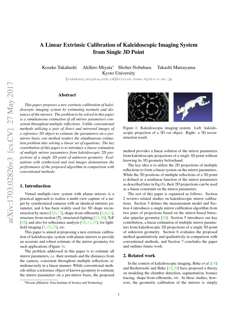 A Linear Extrinsic Calibration of Kaleidoscopic Imaging System from Single 3D Point | DeepAI