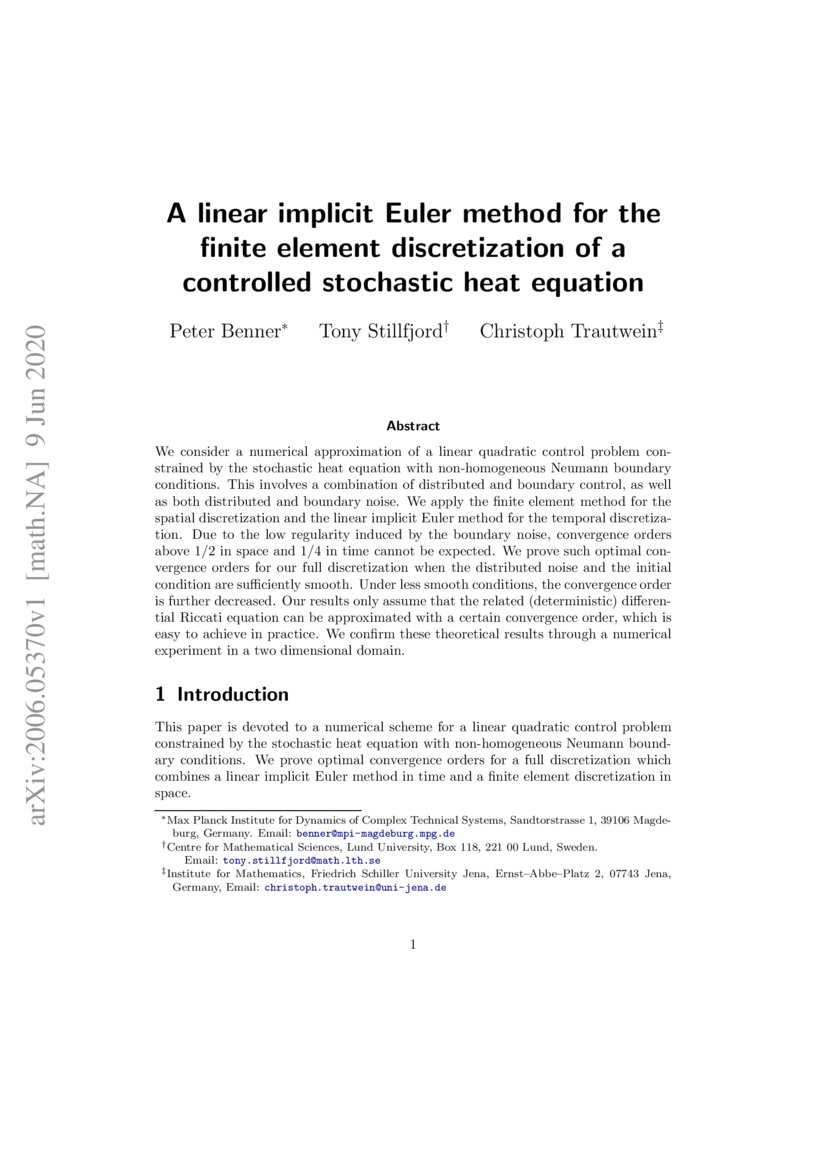A Linear Implicit Euler Method For The Finite Element Discretization Of A Controlled Stochastic