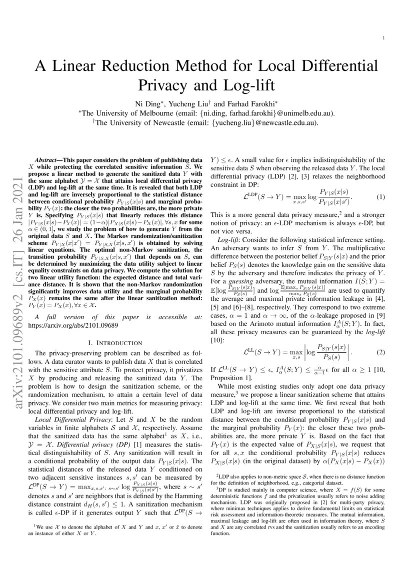A Linear Reduction Method for Local Differential Privacy and Log-lift ...