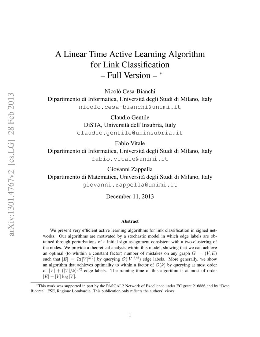 A Linear Time Active Learning Algorithm for Link Classification -- Full Version -- | DeepAI