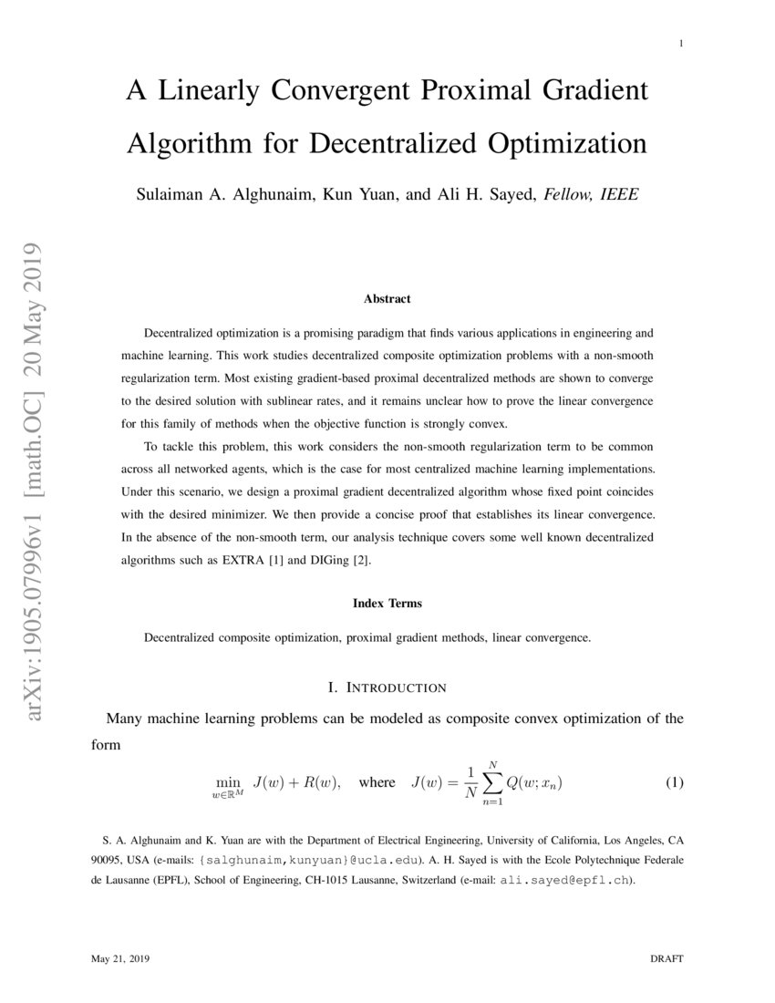A Linearly Convergent Proximal Gradient Algorithm for Decentralized ... A Linearly Convergent Proximal Gradient Algorithm for Decentralized ...