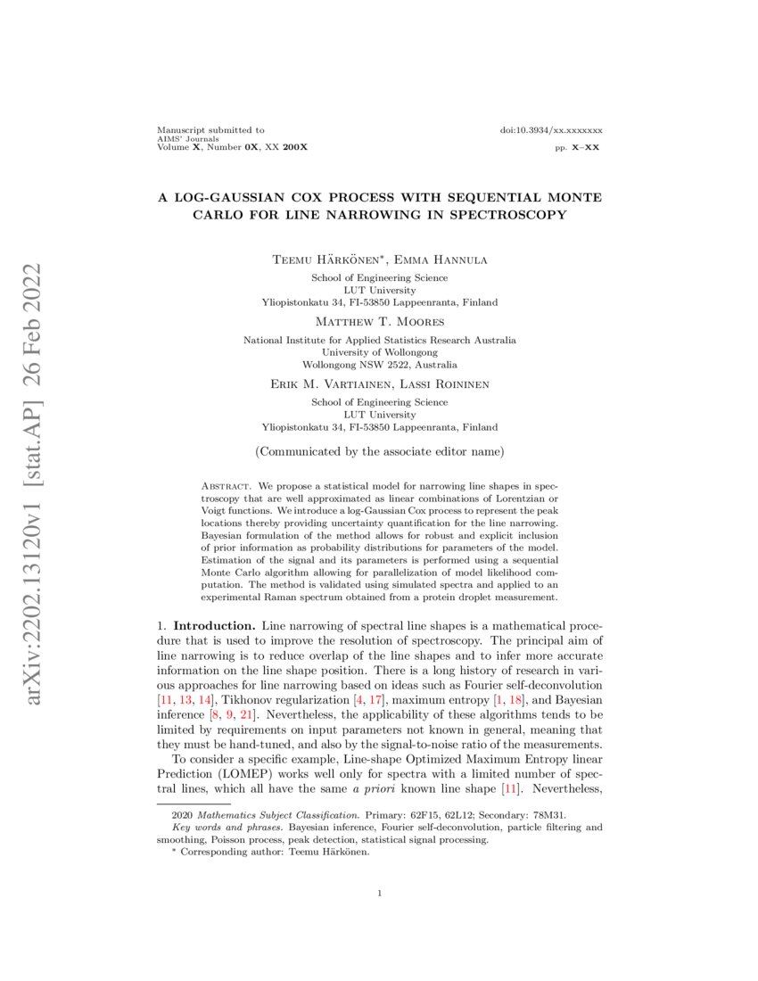 A Log Gaussian Cox Process With Sequential Monte Carlo For Line Narrowing In Spectroscopy Deepai