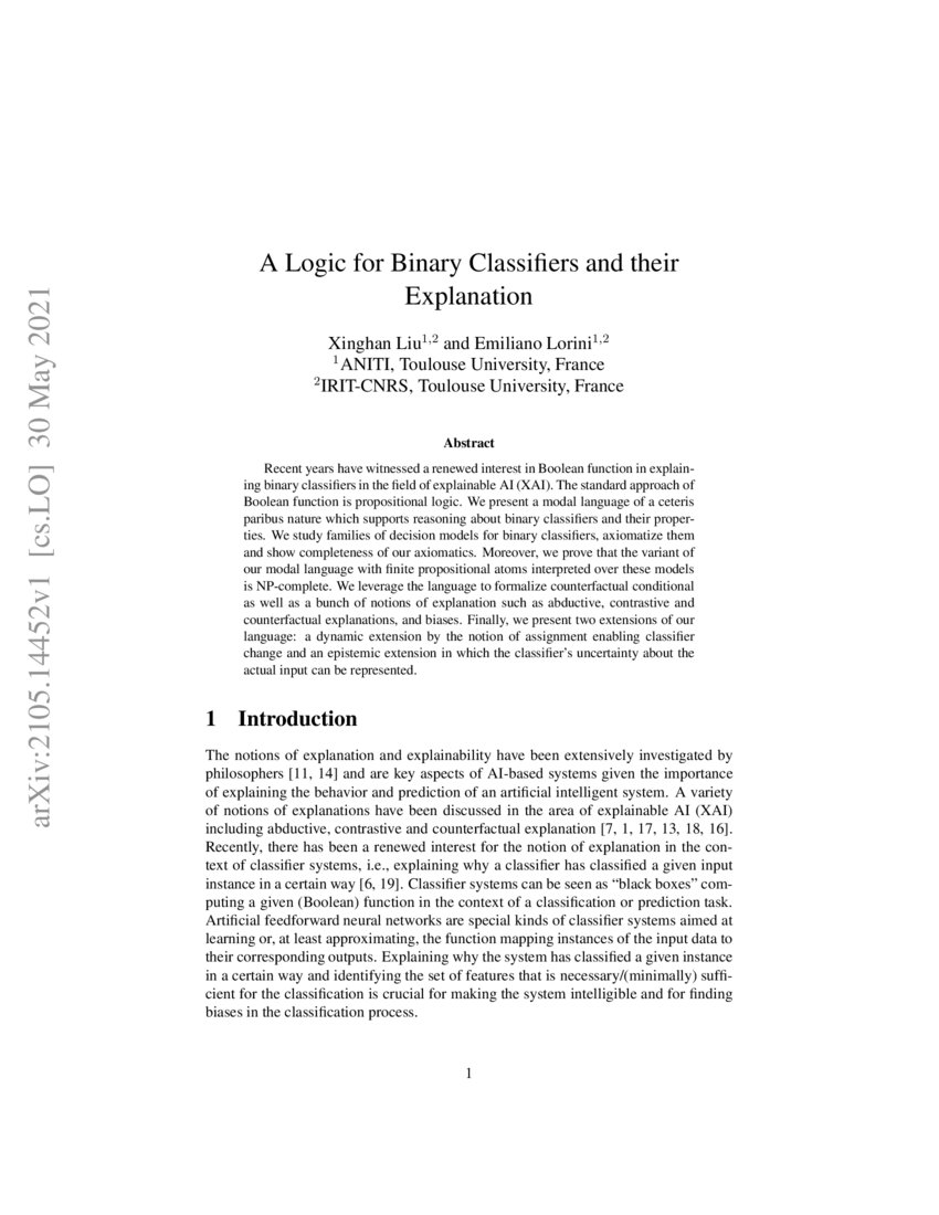 A Logic For Binary Classifiers And Their Explanation Deepai