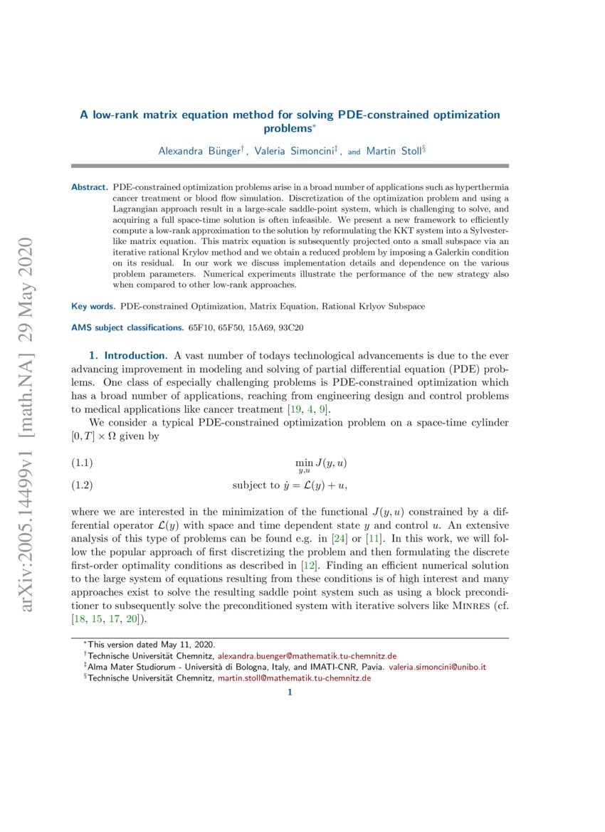 A Low Rank Matrix Equation Method For Solving Pde Constrained Optimization Problems Deepai
