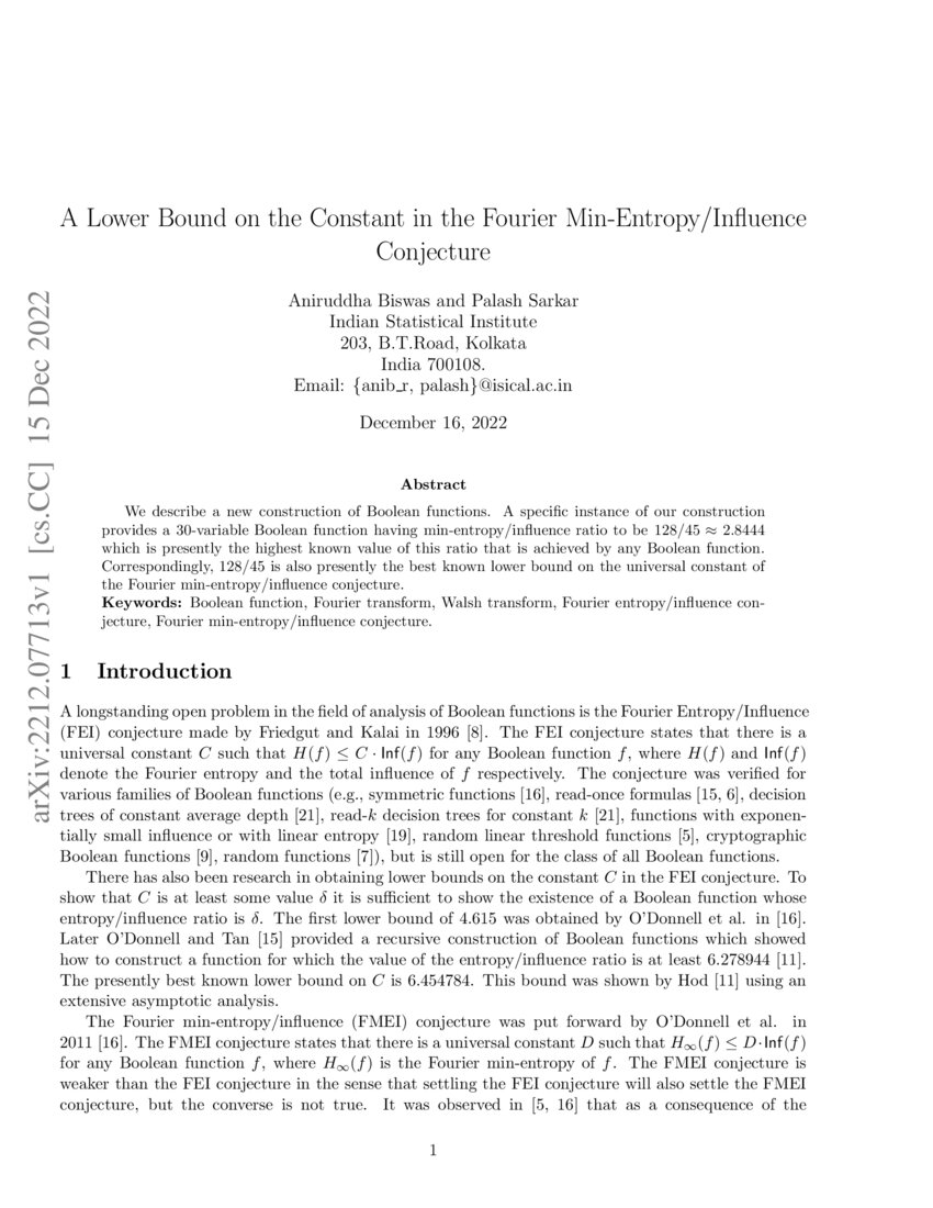 A Lower Bound On The Constant In The Fourier Min Entropy Influence a-lower-bound-on-the-constant-in-the-fourier-min-entropy-influence