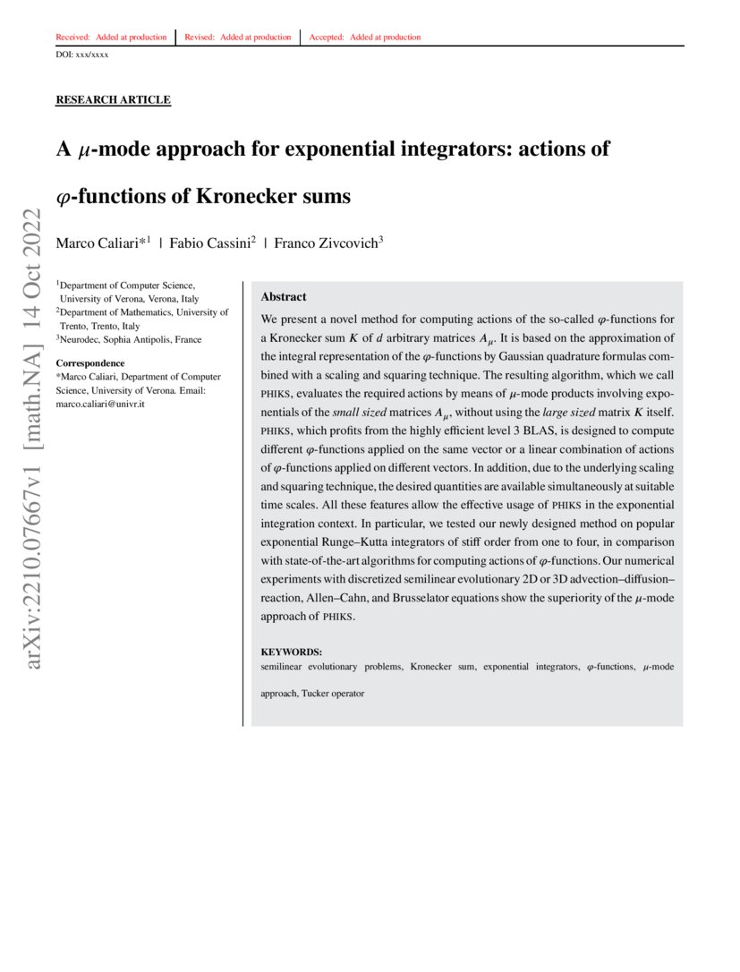 A μ-mode approach for exponential integrators: actions of φ-functions of Kronecker sums | DeepAI