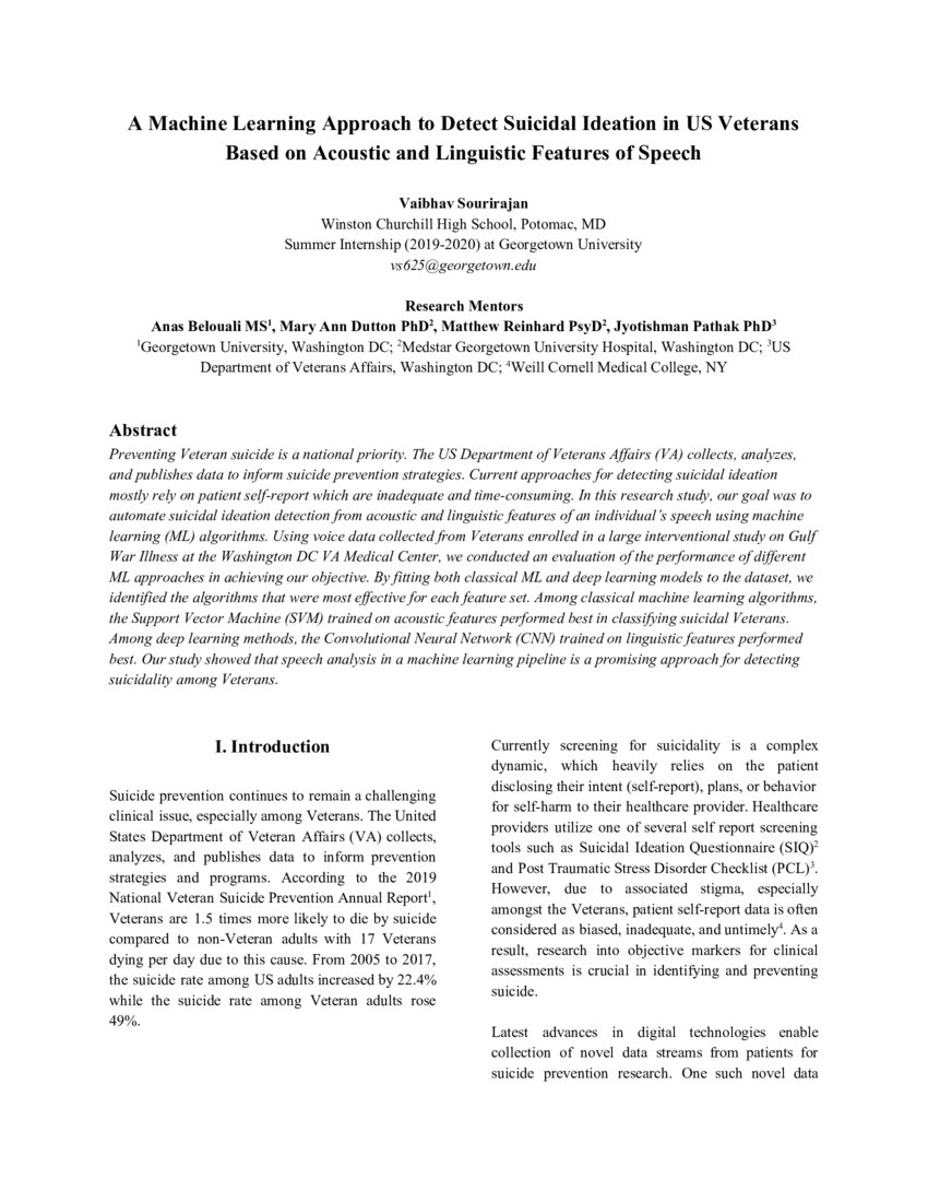 A Machine Learning Approach To Detect Suicidal Ideation In Us Veterans Based On Acoustic And