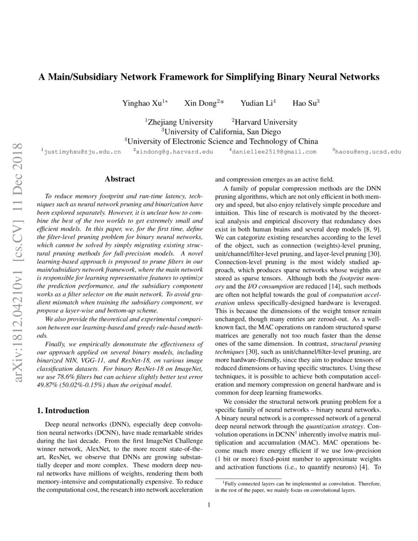 A Main/Subsidiary Network Framework for Simplifying Binary Neural Network | DeepAI