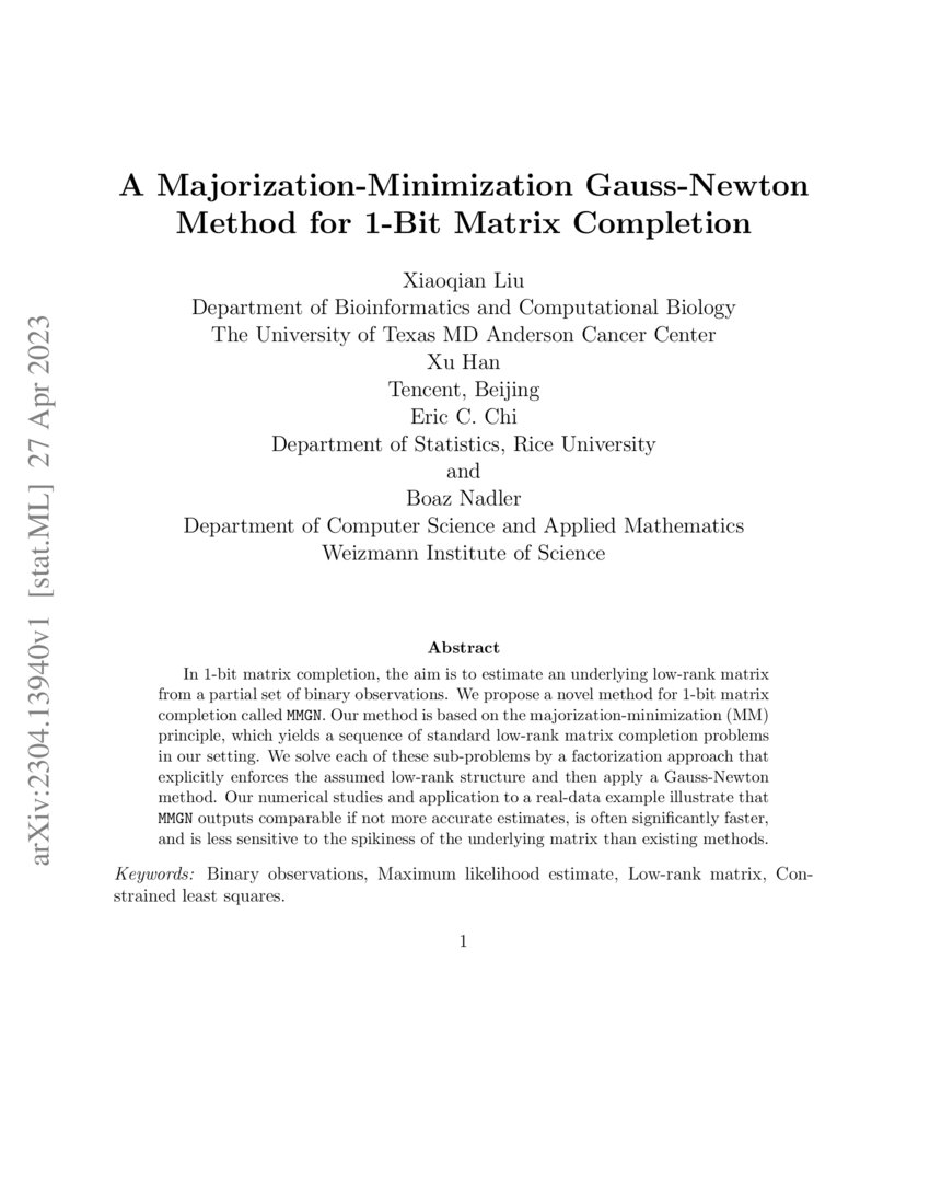 A Majorization Minimization Gauss Newton Method For 1 Bit Matrix Completion Deepai