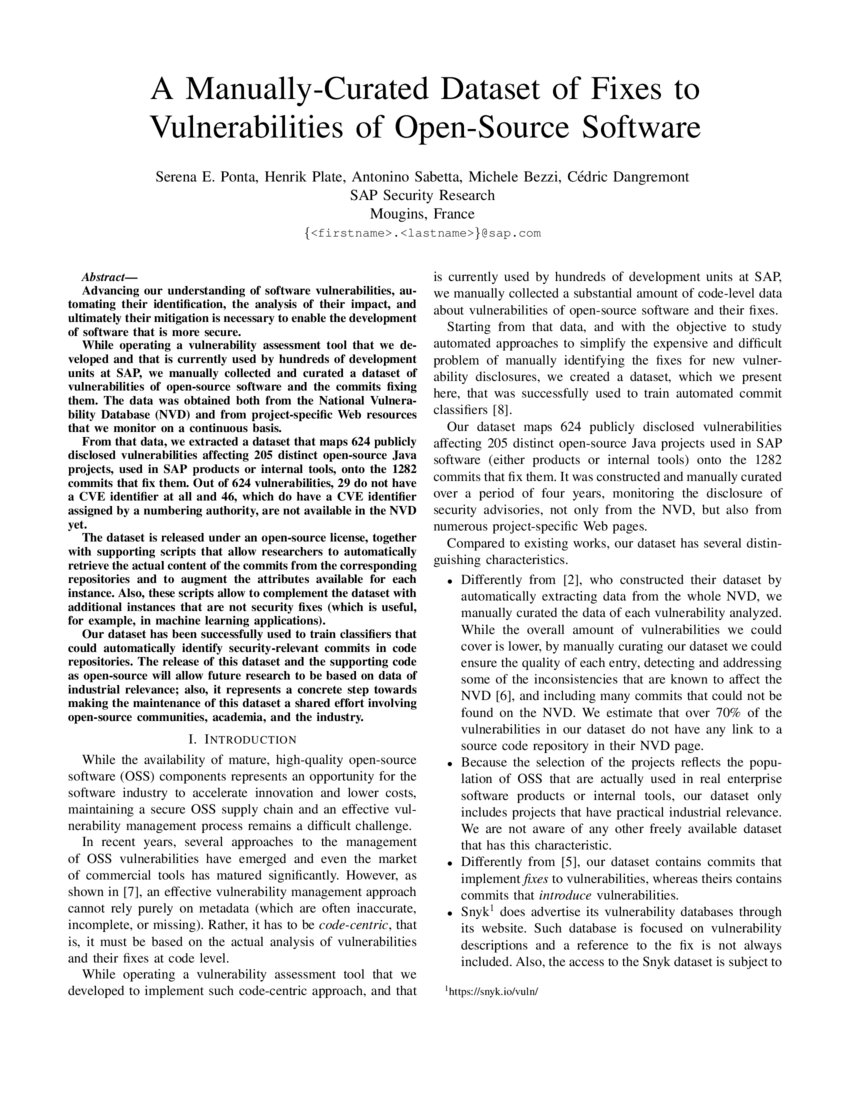 A Manually Curated Dataset Of Fixes To Vulnerabilities Of Open Source