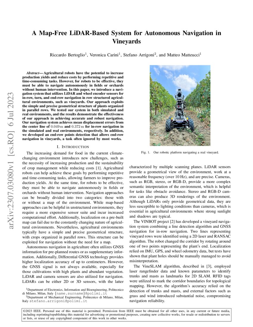 A Map Free Lidar Based System For Autonomous Navigation In Vineyards