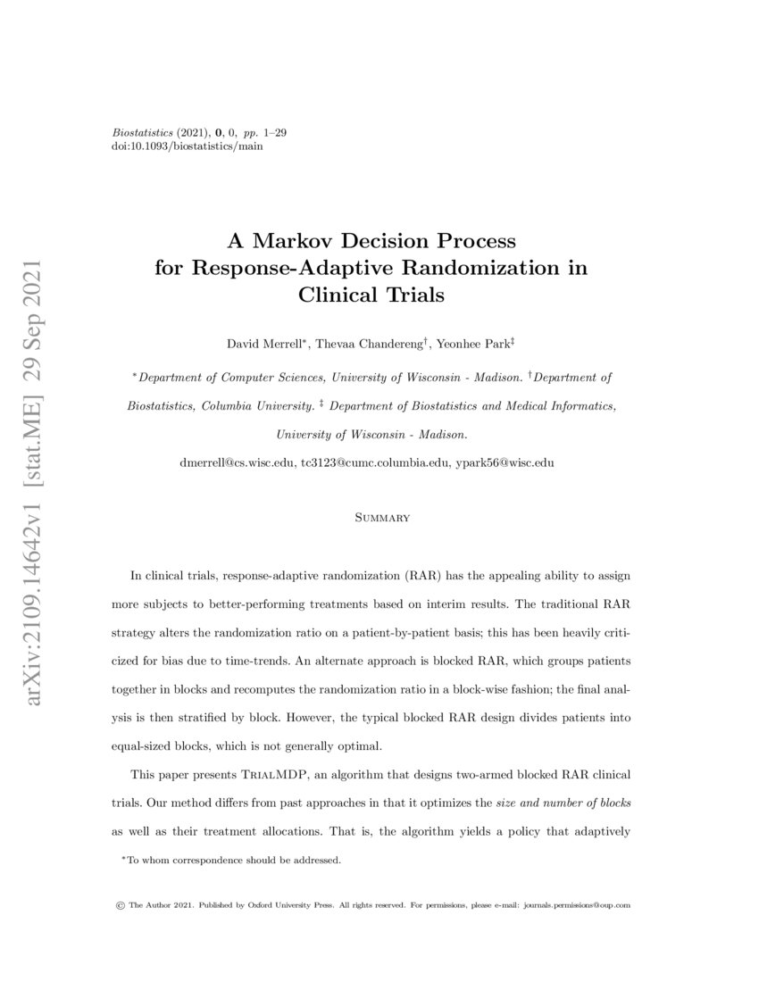 A Markov Decision Process for Response-Adaptive Randomization in ...