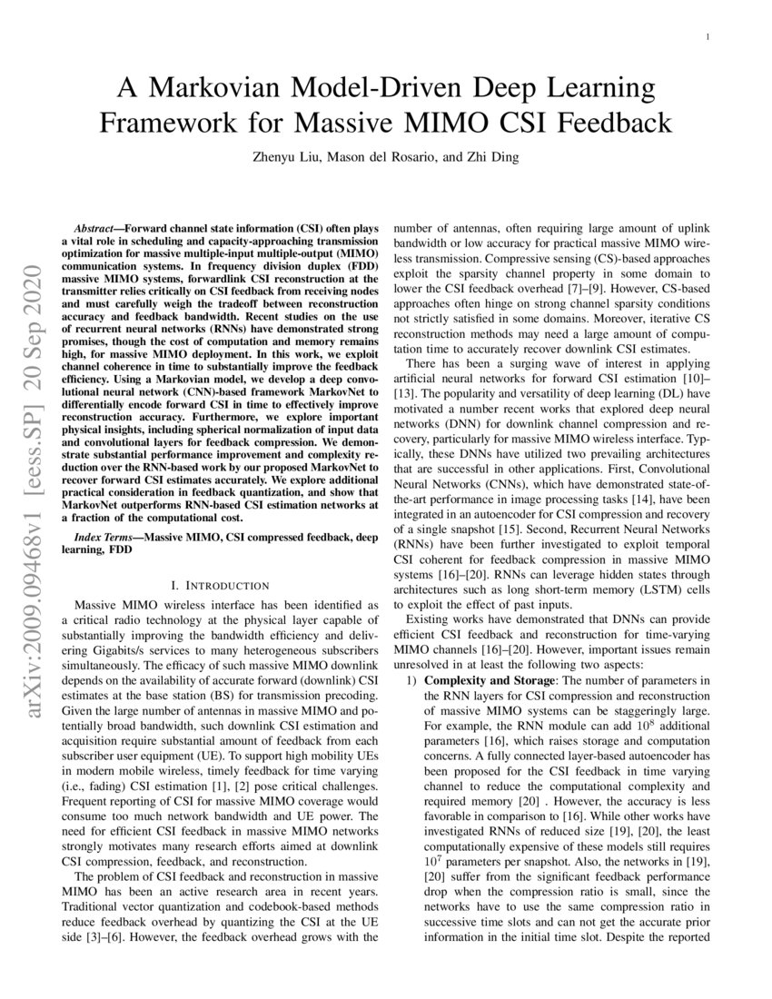 A Markovian Model-Driven Deep Learning Framework for Massive MIMO CSI Feedback | DeepAI