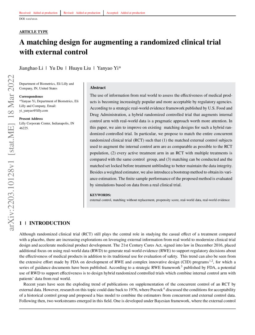 A matching design for augmenting a randomized clinical trial with external control | DeepAI