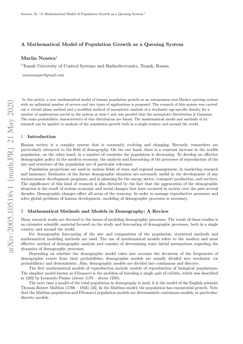A Mathematical Model of Population Growth as a Queuing System | DeepAI