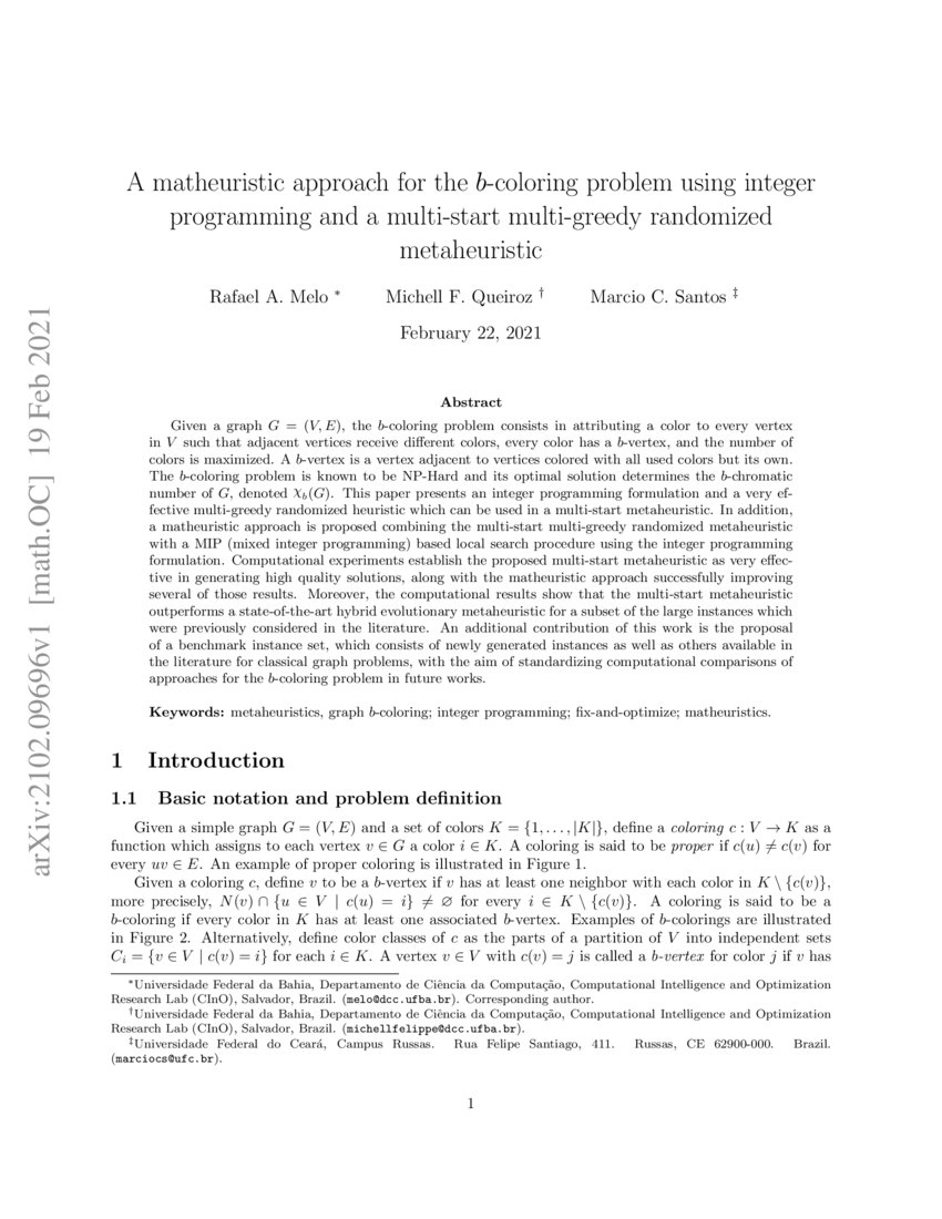 A Matheuristic Approach For The B Coloring Problem Using Integer Programming And A Multi Start