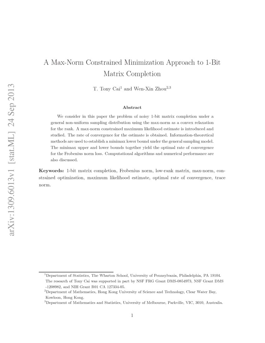 A Max Norm Constrained Minimization Approach To 1 Bit Matrix Completion Deepai
