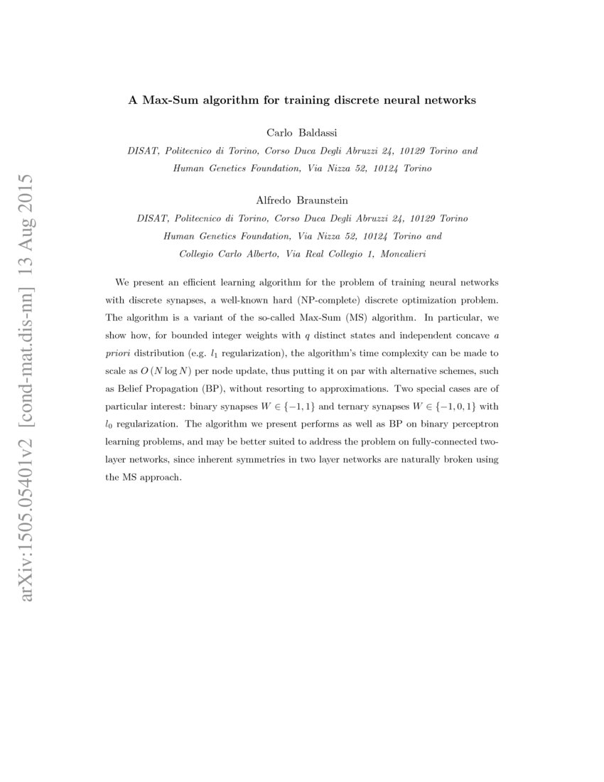 A Max Sum Algorithm For Training Discrete Neural Networks Deepai 