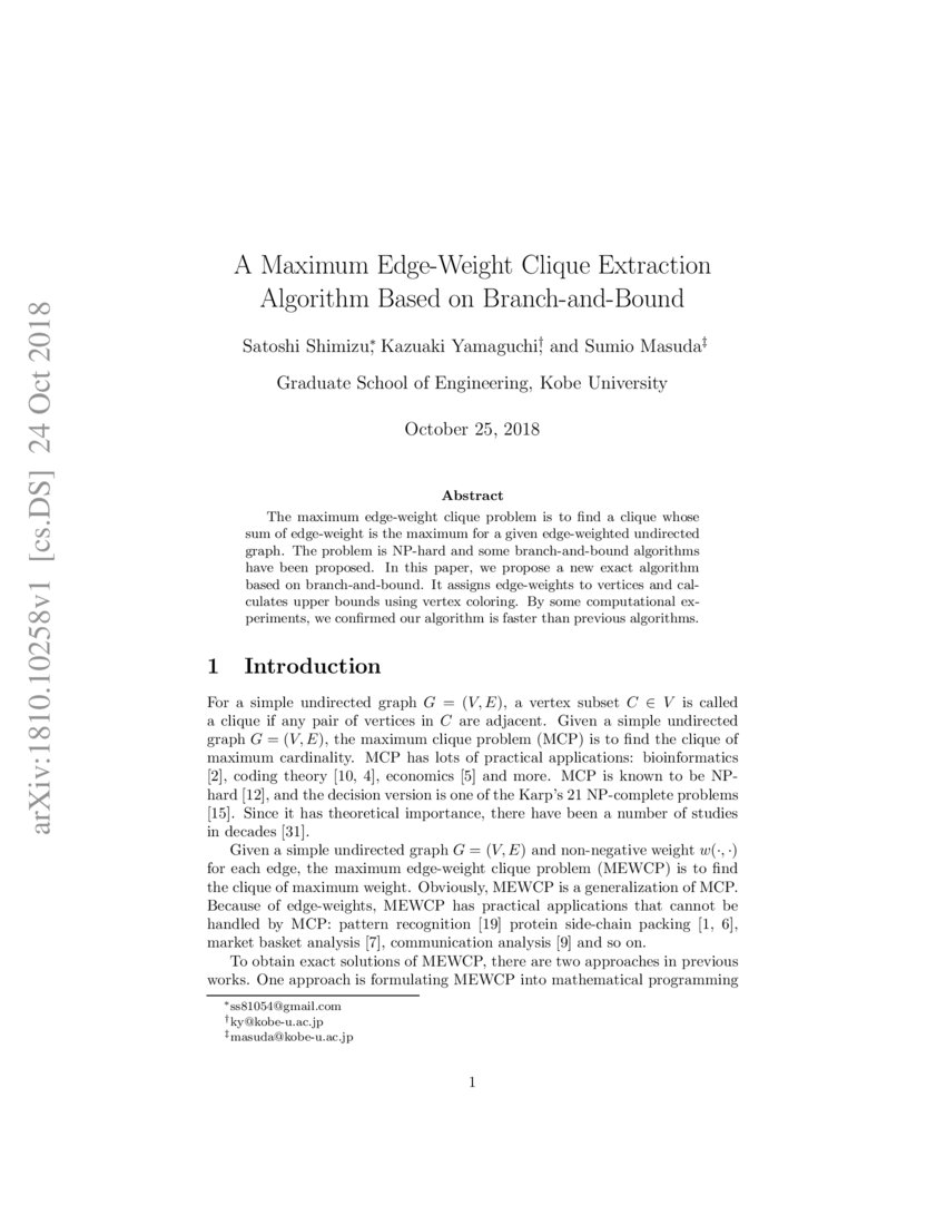 A Maximum Edge Weight Clique Extraction Algorithm Based On Branch And Bound Deepai