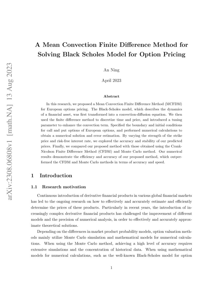 A Mean Convection Finite Difference Method For Solving Black Scholes Model For Option Pricing