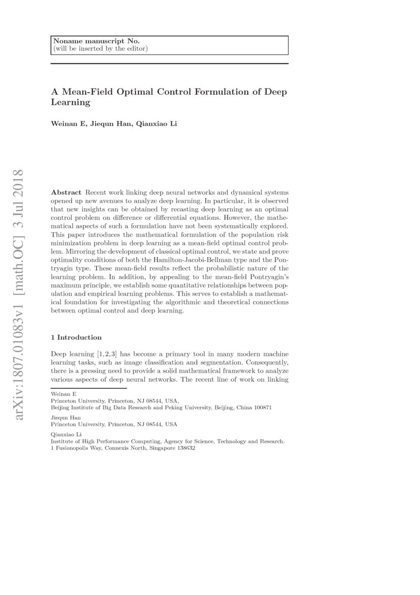 A Mean Field Optimal Control Formulation Of Deep Learning Deepai