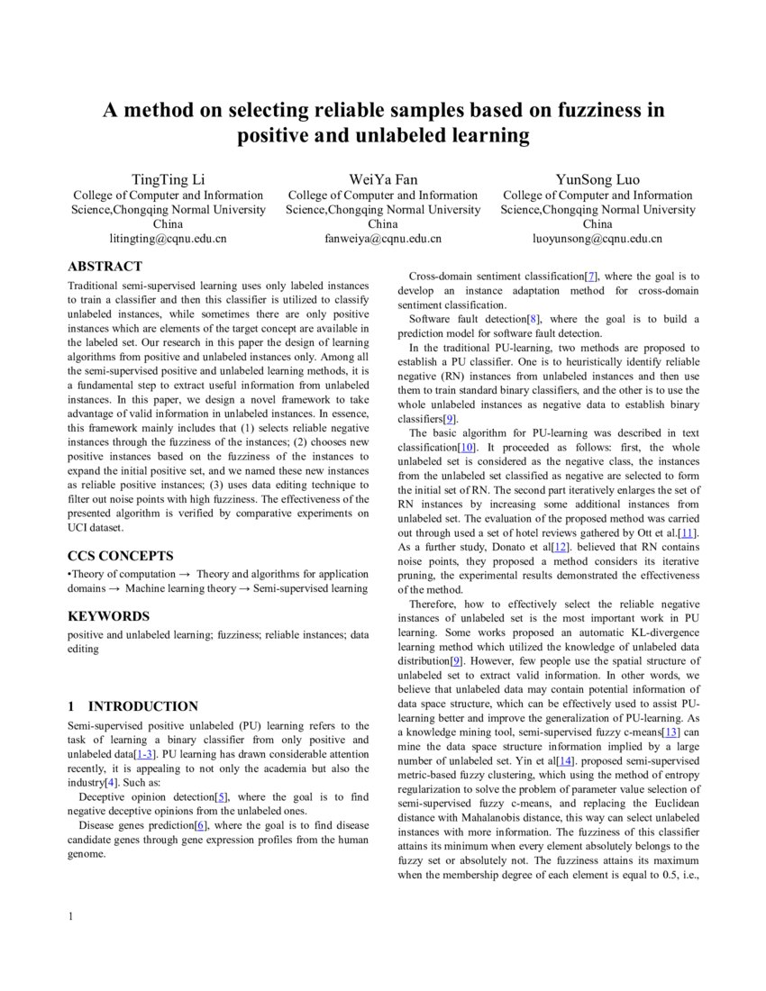 A method on selecting reliable samples based on fuzziness in positive and unlabeled learning ...