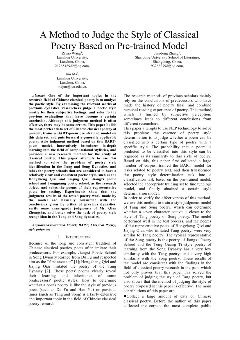 A Method to Judge the Style of Classical Poetry Based on Pre-trained ...
