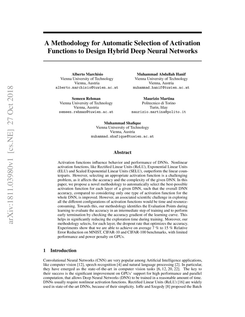 A Methodology For Automatic Selection Of Activation Functions To Design