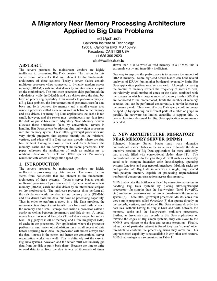 A Migratory Near Memory Processing Architecture Applied to Big Data ...