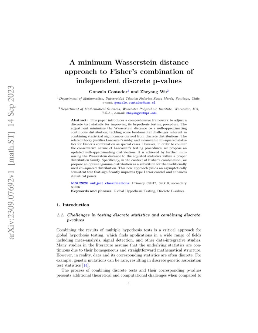 A minimum Wasserstein distance approach to Fisher's combination of ...